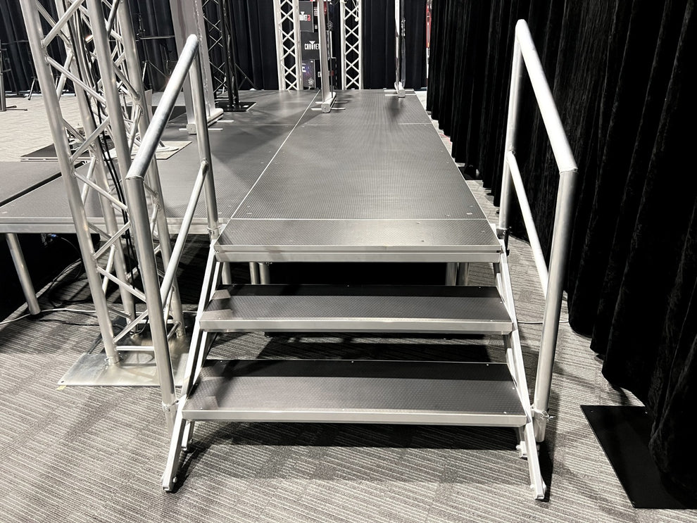 3-STEP ADJUSTABLE, FOLDING STAIRS FOR STAGE 600-800MM HIGH WITH HANDRA ...